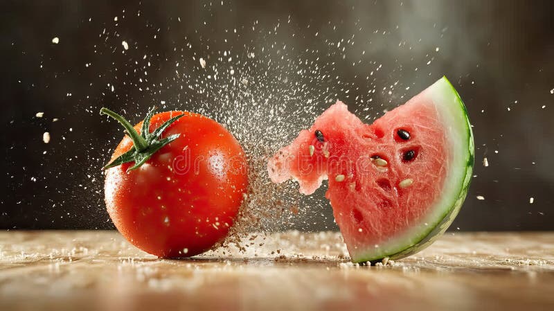 Tomato and Watermelon Colliding at High Speed, Fruit Carnage Stock ...