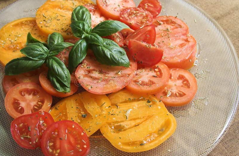 Tomatoes with basil stock image. Image of salad, vinaigrette - 1128879