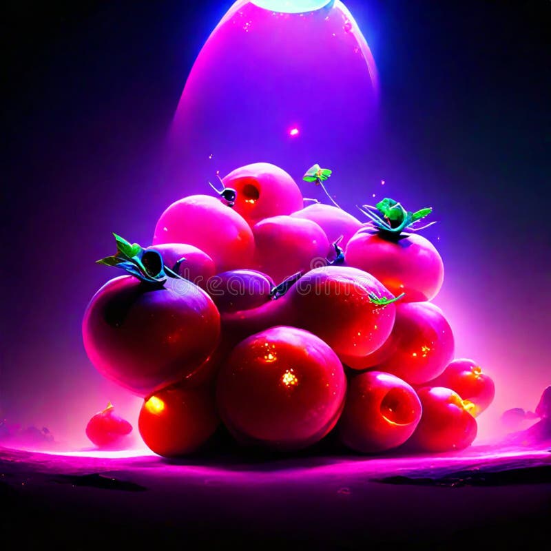 Tomatoes on a Black Background in Neon Light. 3d Rendering AI Generated ...