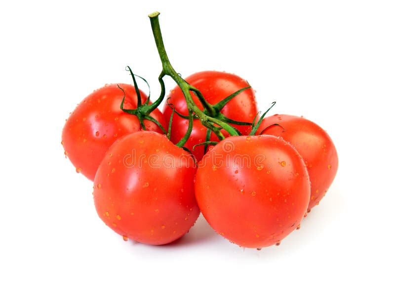 Red Tomatoes On Branch And Two Sweet Bell Peppers On Wooden Table Stock ...