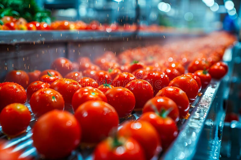 Tomatoes on a Conveyor Belt in a Factory Stock Photo - Image of foods ...