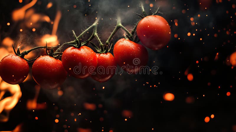 Tomatoes Falling Like Meteors with Fiery Trails Against Dark Background ...