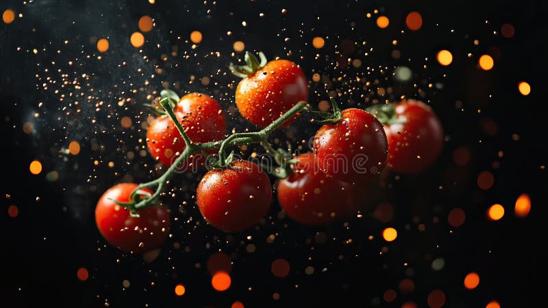 Tomatoes Falling Like Meteors with Fiery Trails Against Dark Background ...