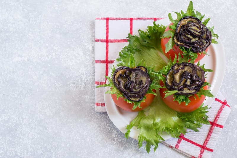 Tomatoes Stuffed with Cheese with Eggplants in Form of Rose Stock Photo ...