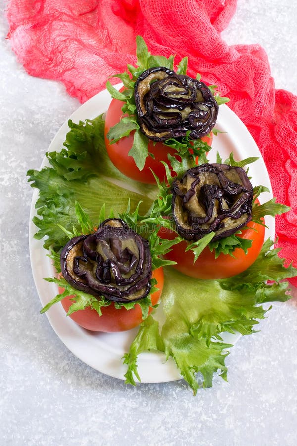 Tomatoes Stuffed with Cheese with Eggplants in Form of Rose Stock Image ...