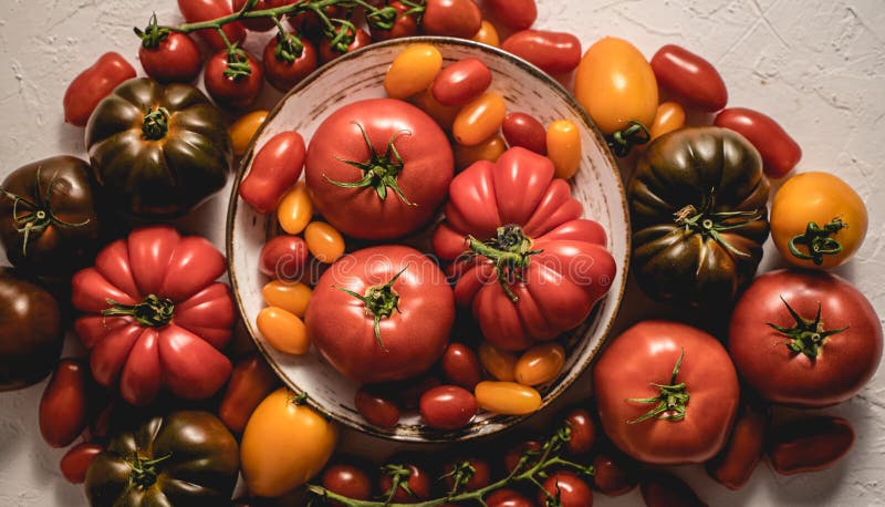 Tomatoes on the Table. Tomatoes of Different Varieties Stock Photo ...