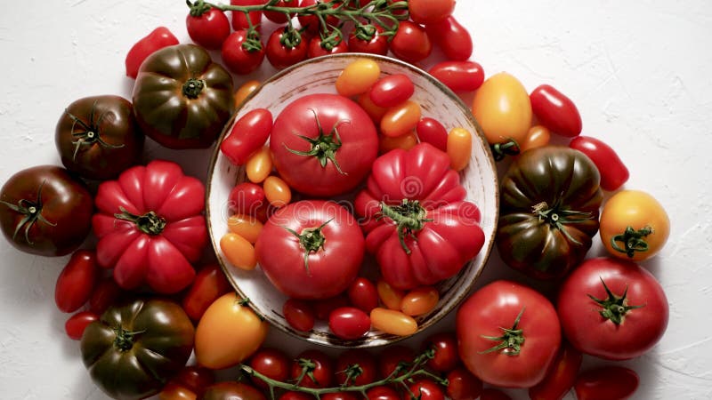 Tomatoes on the Table. Tomatoes of Different Varieties Stock Footage ...