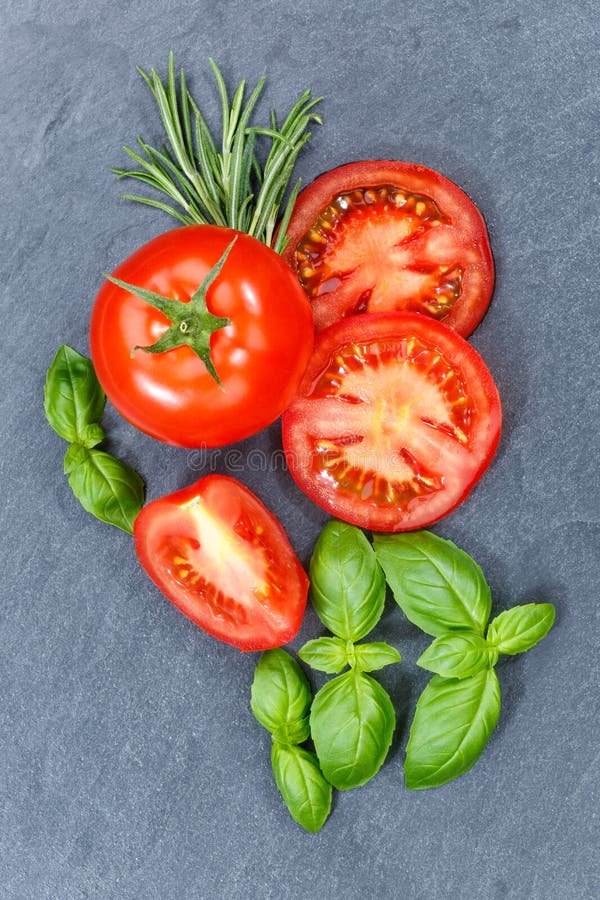 Tomatoes Tomatos Vegetables with Basil Portrait Format from Above on a ...