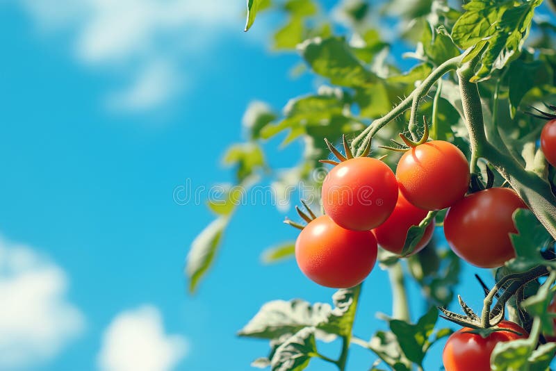Tomatoes on the Tree with Blue Sky Background Stock Illustration ...