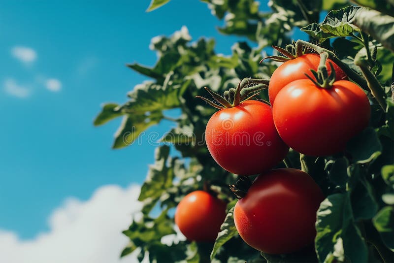 Tomatoes on the Tree with Blue Sky Background Stock Illustration ...