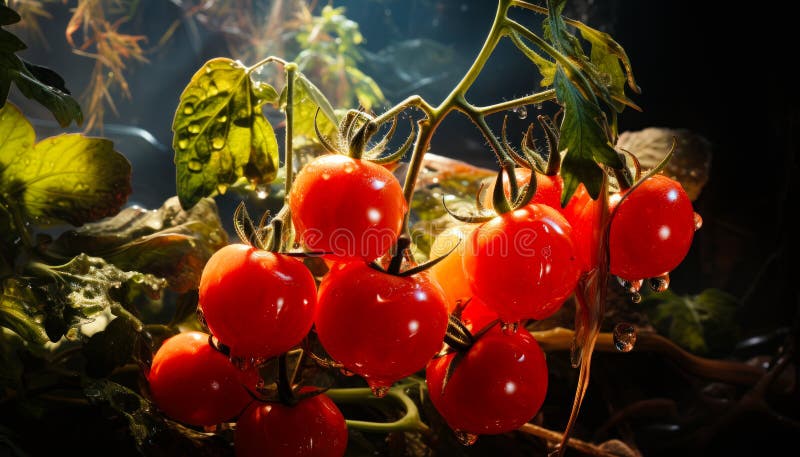 Tomatoes on a Vine, Close-up Shot. a Close Up of a Bunch of Tomatoes on ...