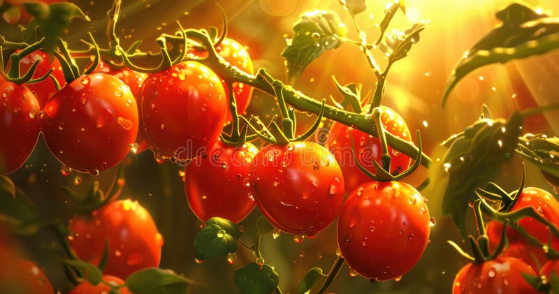 Tomatoes on a Vine with Sunlight Streaming in Stock Image - Image of ...