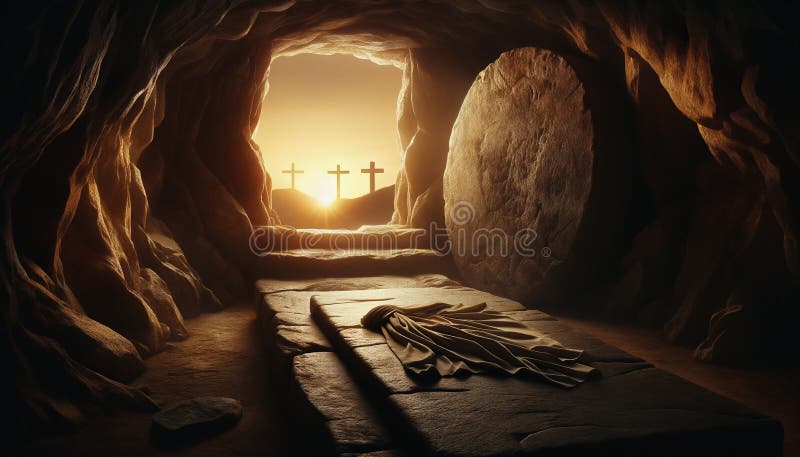 Tomb Empty With Shroud And Crucifixion At Sunrise Resurrection Of