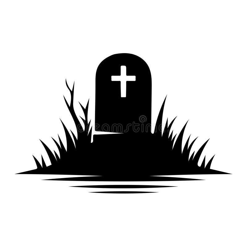 Tombstone Silhouette Vector with Central Cross and Long Grass, Isolated ...