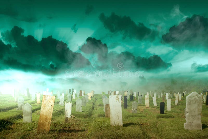 Tombstones on the Graveyard with the Dramatic Scene Background Stock ...