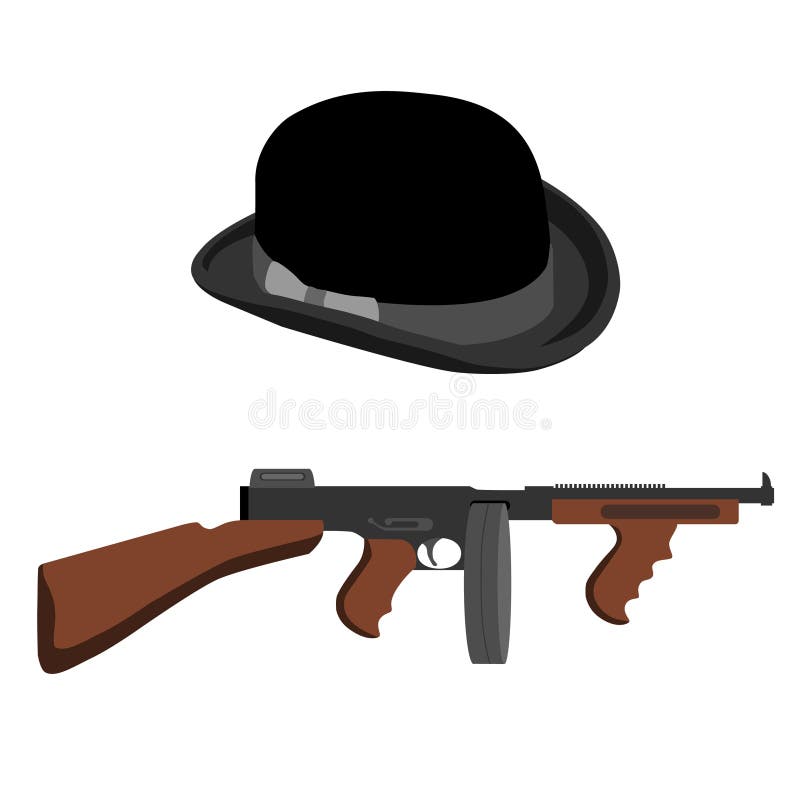 Tommy gun and bowler hat stock illustration. Illustration of mafia ...