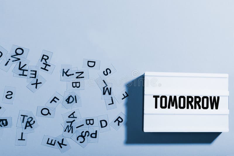 Tomorrow Word in Light Box with Author Text on Blue Background Stock ...