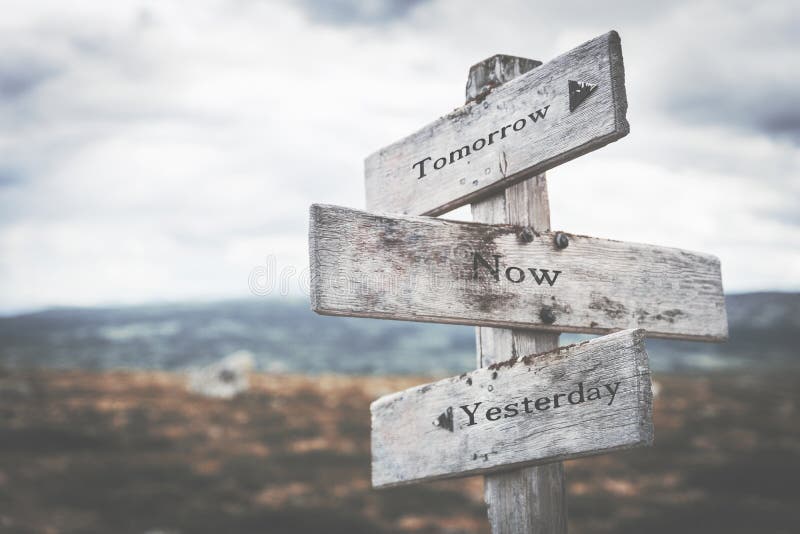 Tomorrow, Now, Yesterday Signpost in Nature. Stock Photo - Image of ...