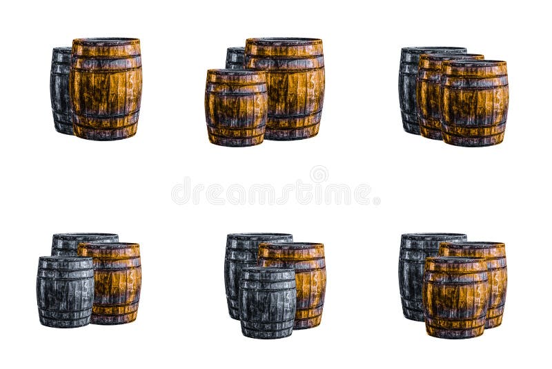Toned Design Gray Oak Barrels Weathered and Brown on a White Background ...