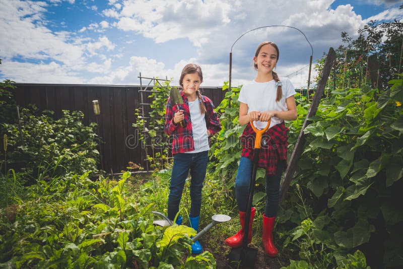 Toned Image of Two Young Sisters Working at Backyard Garden Stock Image ...