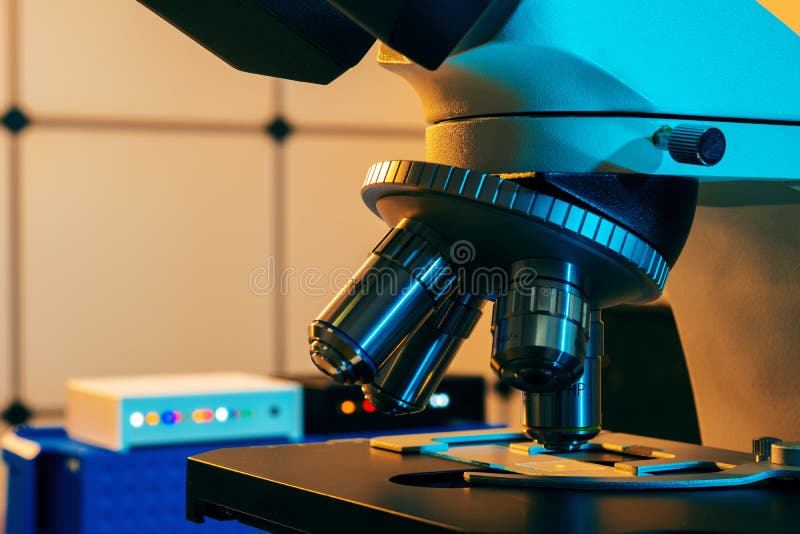 Toned Photo of a Backlit Microscope Lens in a Science Laboratory Stock ...