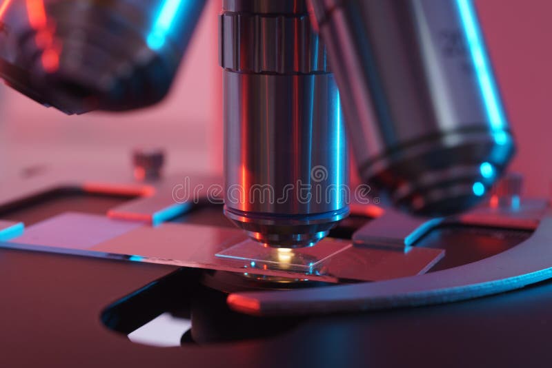 Toned Photo of a Backlit Microscope Lens in a Science Laboratory Stock ...