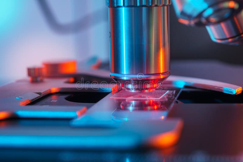 Toned Photo of a Backlit Microscope Lens in a Science Laboratory Stock ...