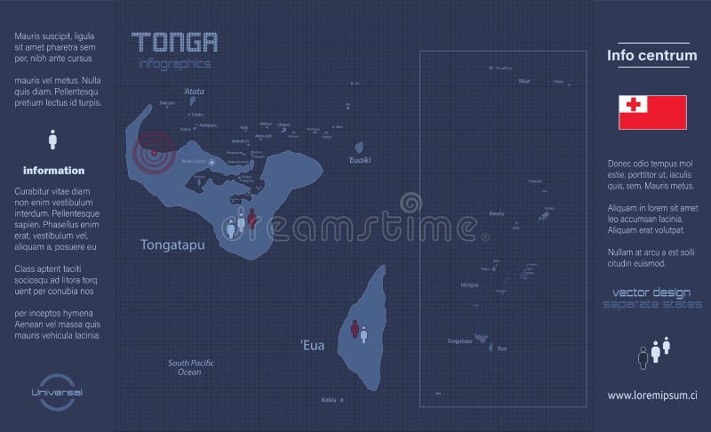 Tonga Map, Islands with Names, Infographics Blue Flat Design Stock ...