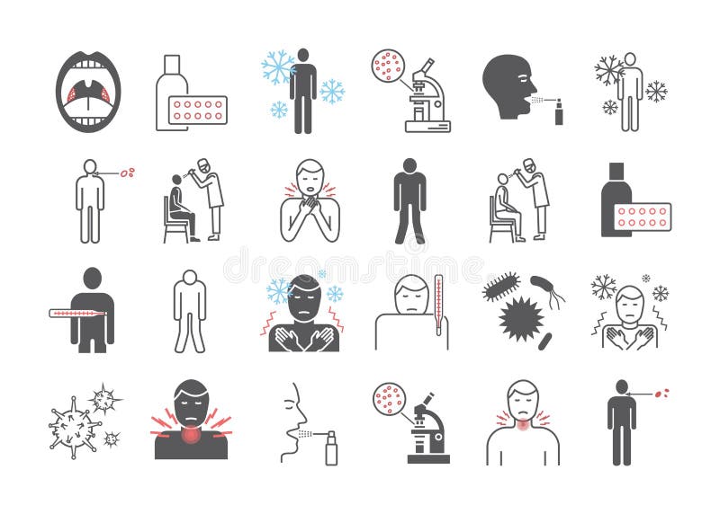 Tonsillitis Symptoms Treatment Line Icons Set Vector Signs For Web