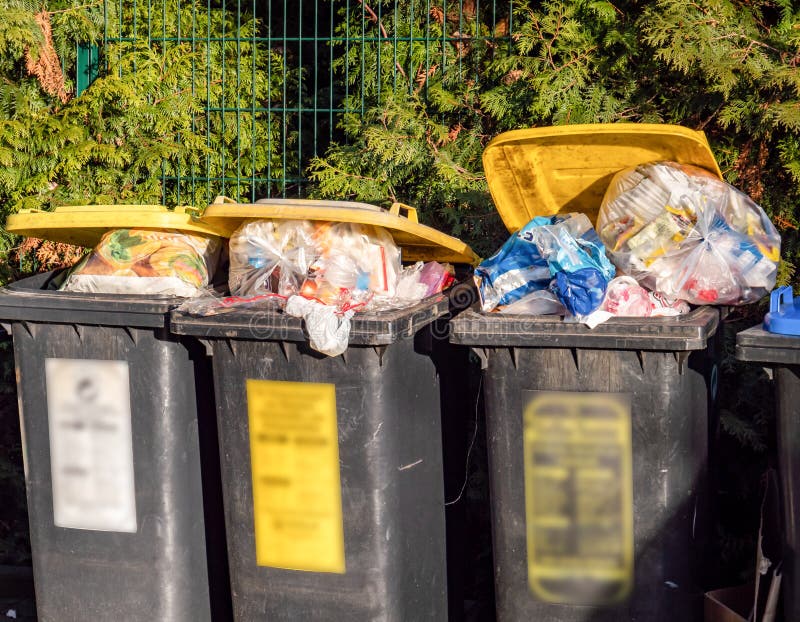 Too Much Plastic Waste Yellow Bin Stock Photo - Image of society ...