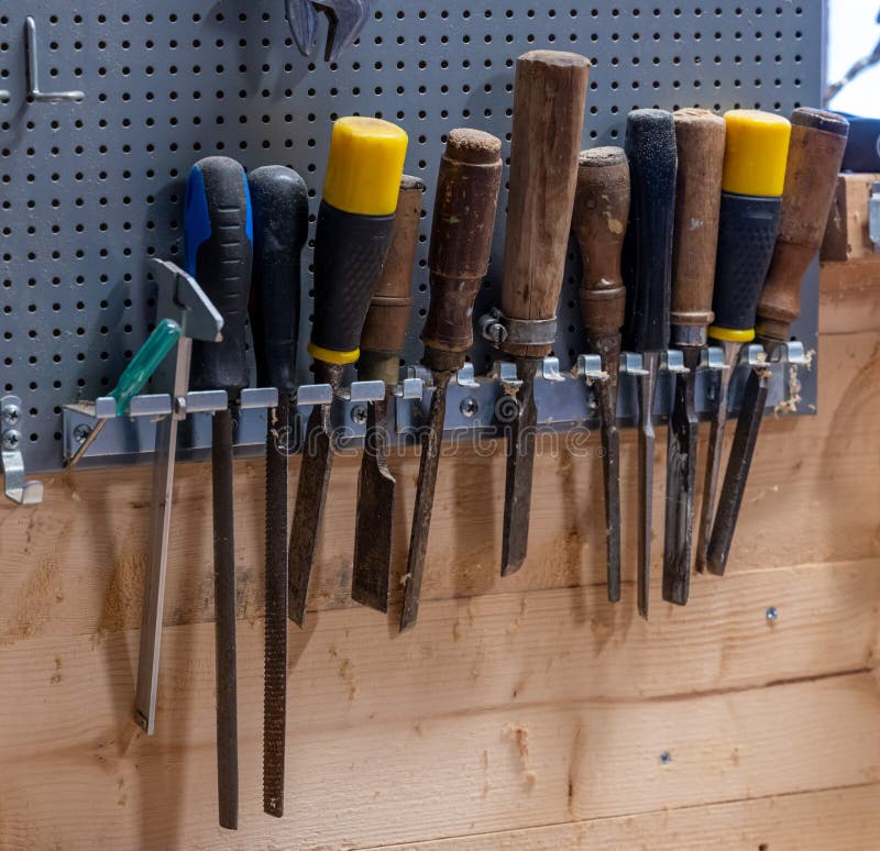 Tool Board with Chisels and Calipers in Workshop Stock Image - Image of ...