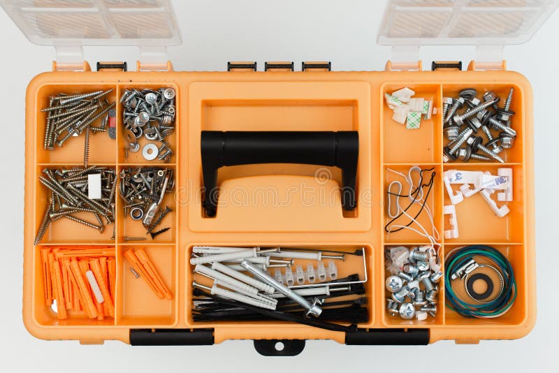 Tool Box with Different Types of Screws and Nails, Seen from Above ...