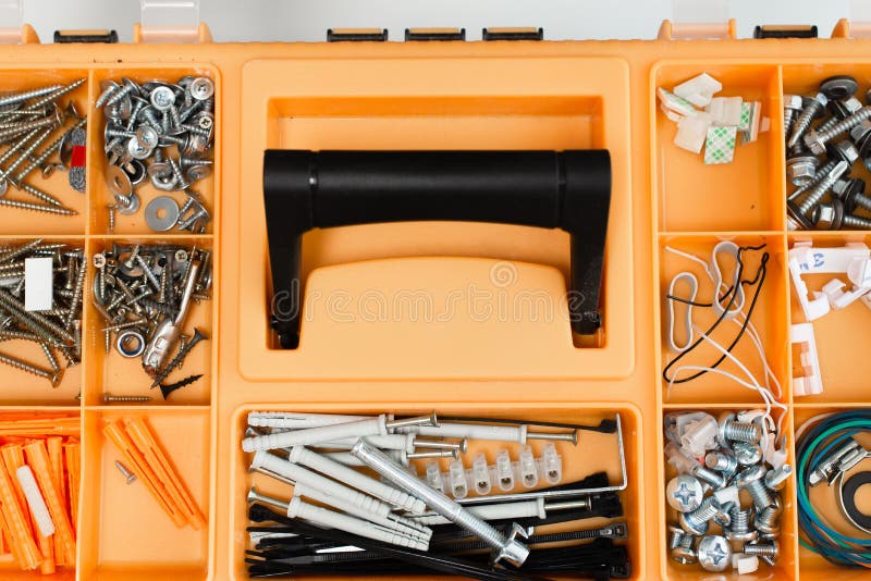 Tool Box with Different Types of Screws and Nails, Seen from Above ...