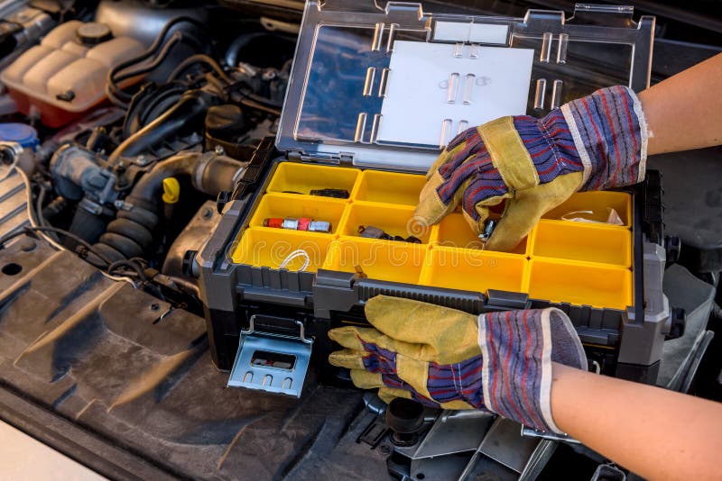 Tool Box with Hand on Car Engine Close Up Stock Photo - Image of shop ...