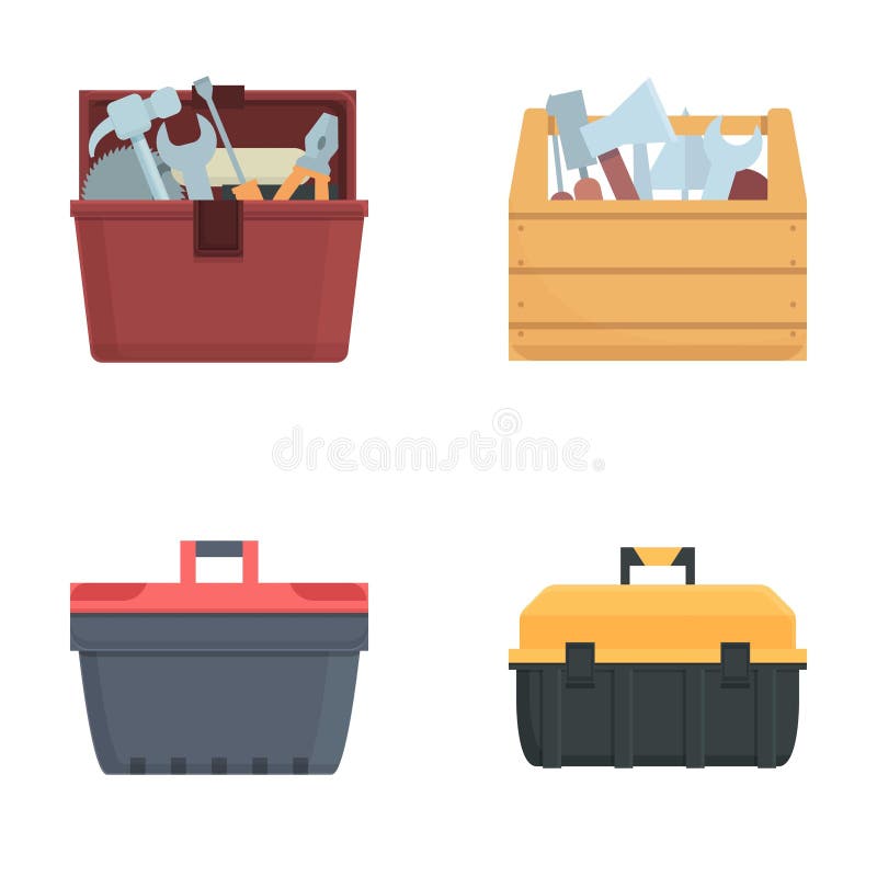 Tool Box Icons Set Cartoon Vector. Toolbox with Hand Instrument Inside ...