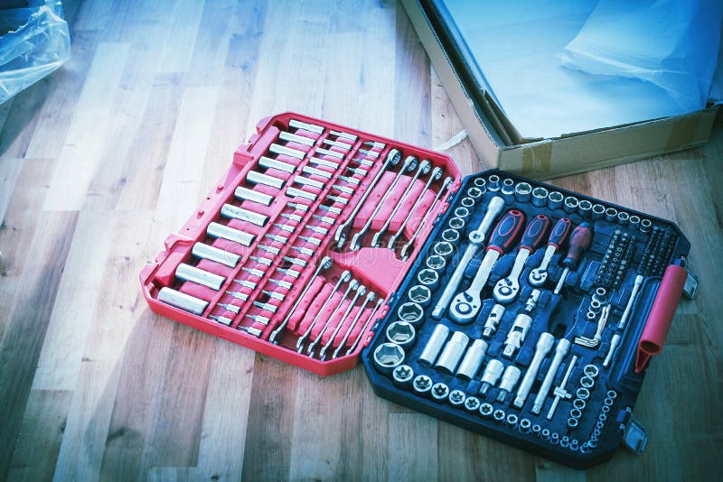 Tool Box,set of Bits and Wrenches on Laminated Floor. Stock Image ...