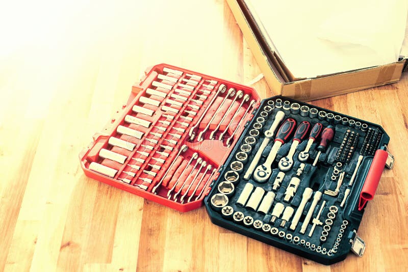 Tool Box,set of Bits and Wrenches on Laminated Floor. Stock Image ...