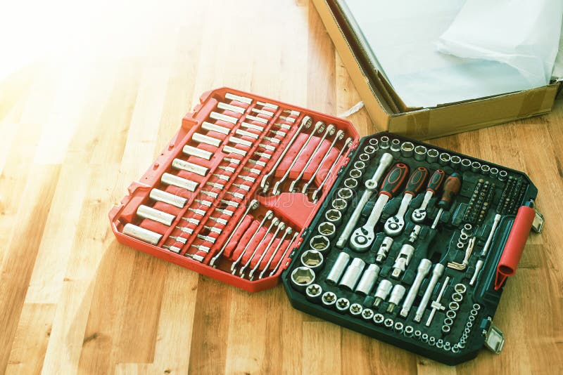 Tool Box,set of Bits and Wrenches on Laminated Floor. Stock Photo ...