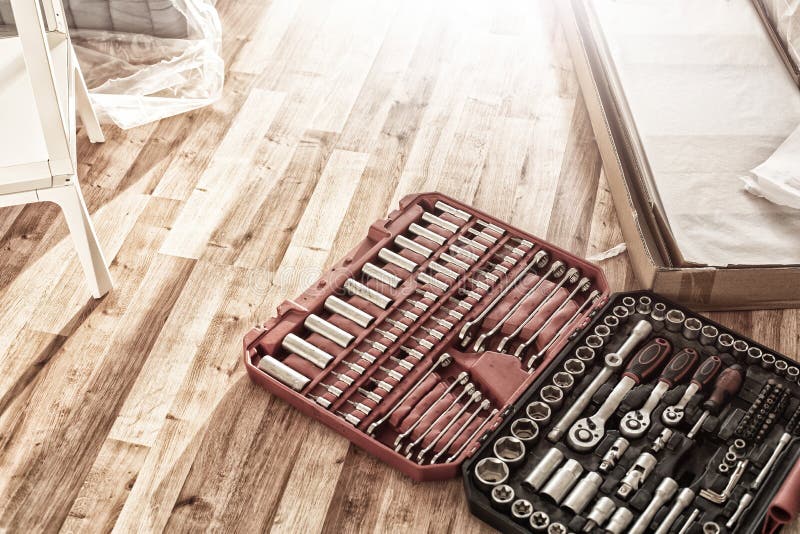 Tool Box,set of Bits and Wrenches on Laminated Floor. Stock Photo ...