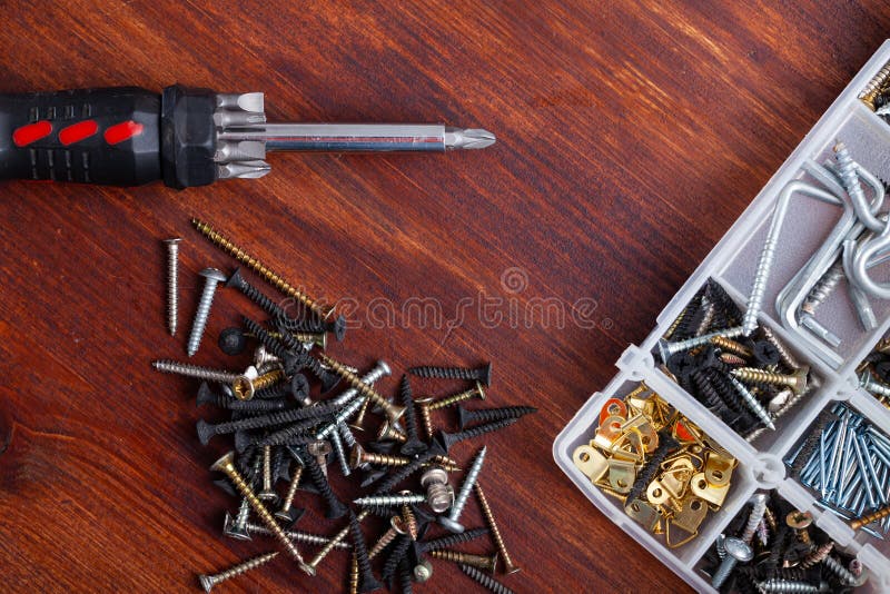 Tool Box and Set of Screws and Screwdriver Stock Photo - Image of ...