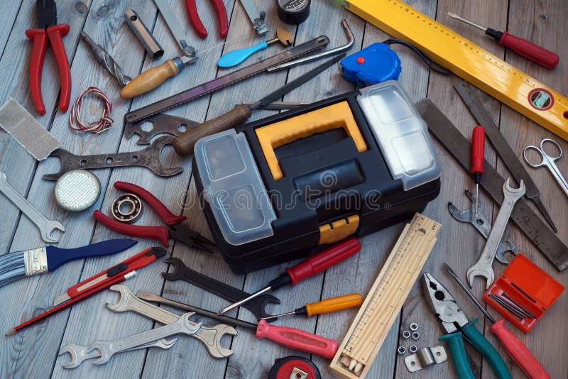 Tool Box on Wooden Floor, View from Above. Stock Photo - Image of ...