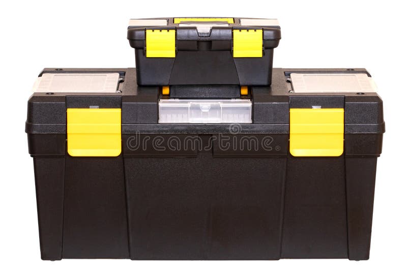 Tool Boxes Isolated. Closeup of a Big Black Plastic Tool Kit Box with ...