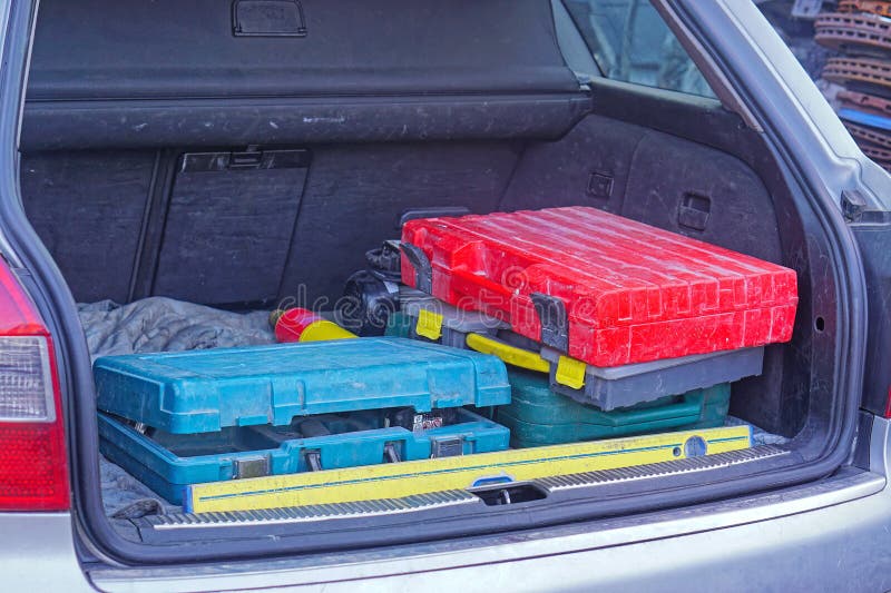 Tool boxes in trunk stock image. Image of work, package - 339188903