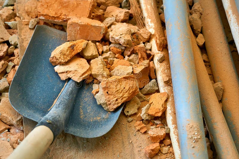 Scoop Shovel on Garbage Broken Brick Collection at Construction Site ...