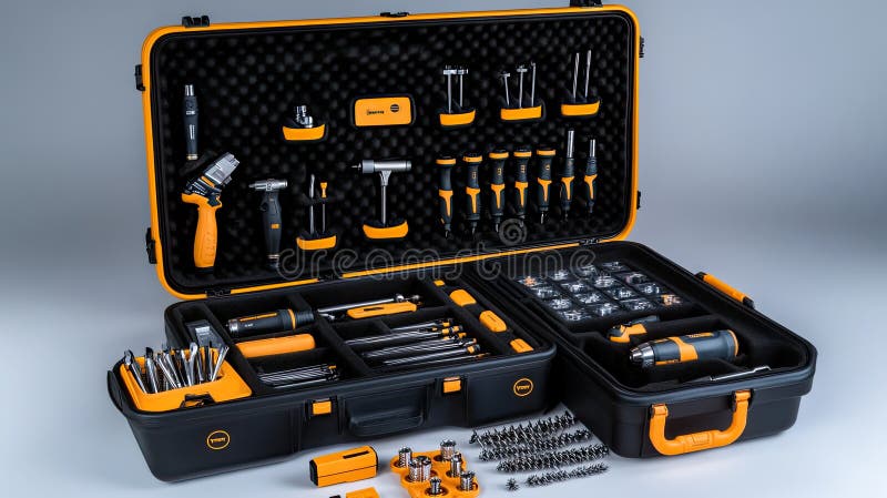 Tool Case Displays Electric Drill, Screwdriver Components, and Various ...