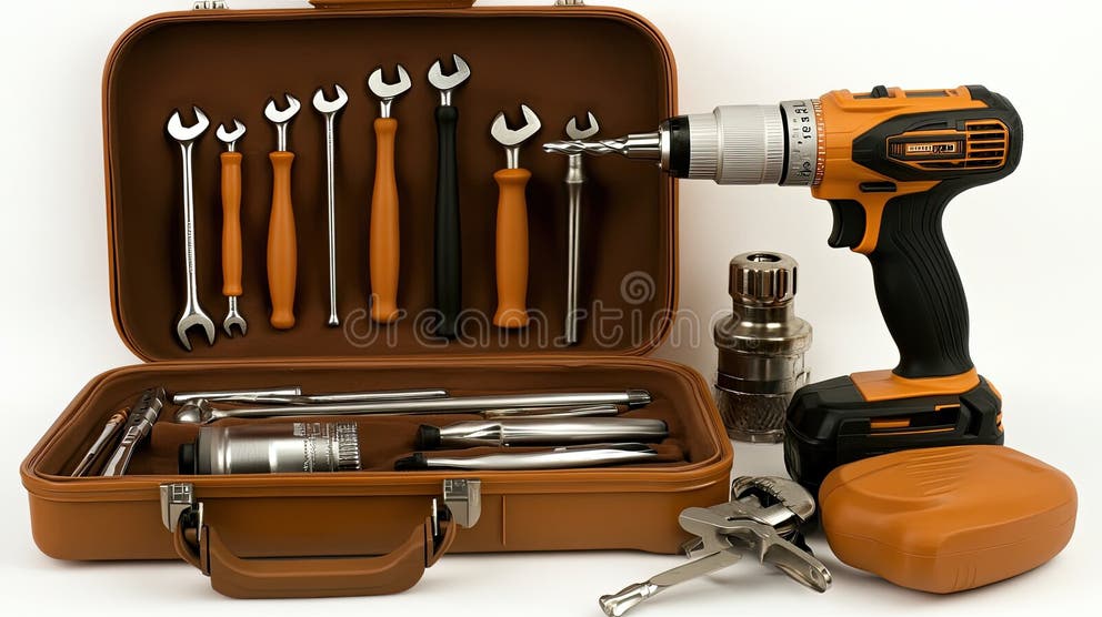Tool Case Displays Electric Drill, Screwdriver Components, and Various ...