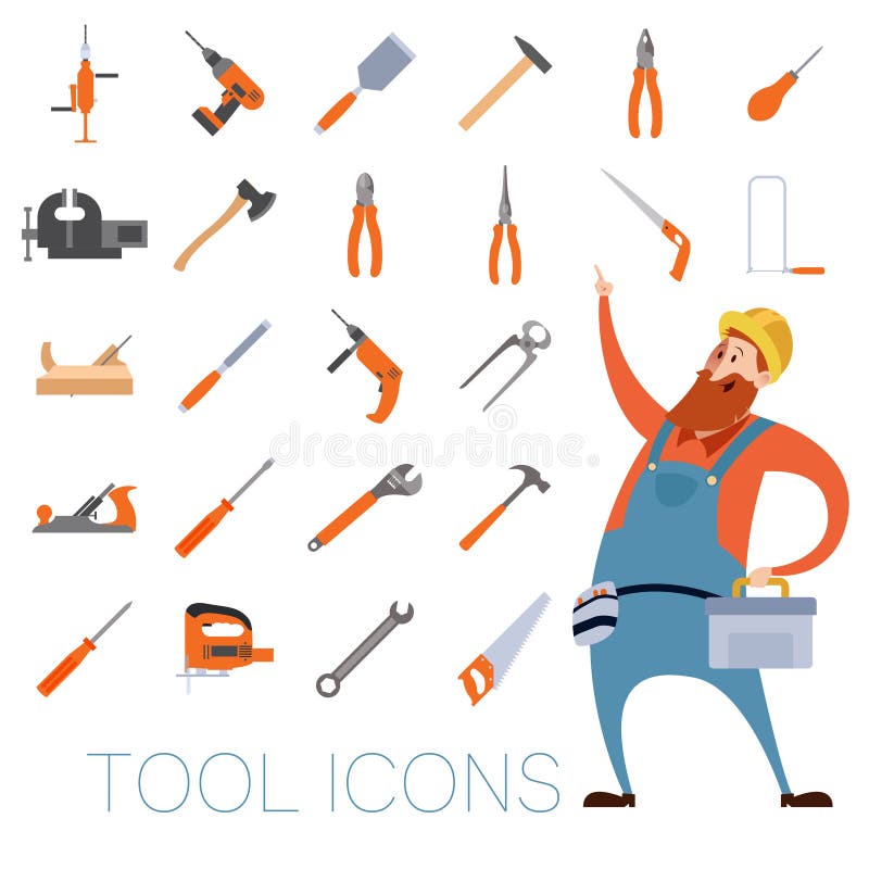 Tool Icons Set with a Worker Stock Vector - Illustration of equipment ...