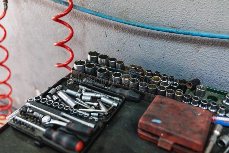 Tool Kit in a Car Workshop. Concept of Automobile Mechanics Stock Photo ...