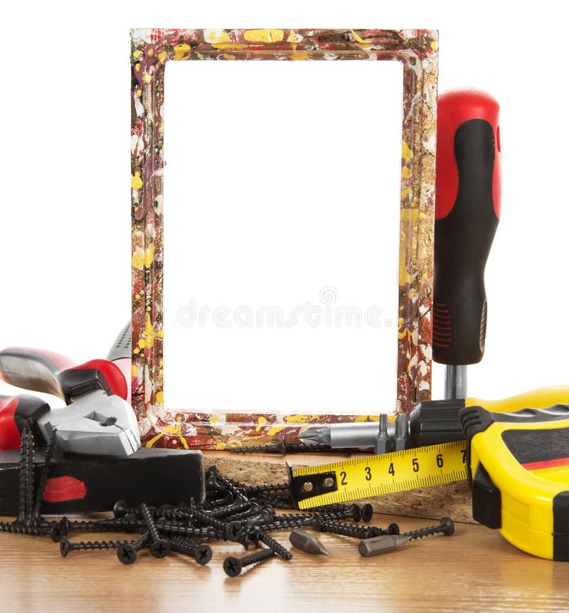 Tool Kit and Frame on a Table Stock Photo - Image of roulette, grey ...