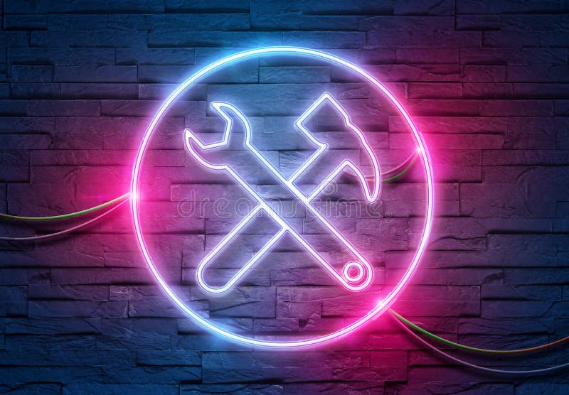 Tool Neon Icon Illuminating a Brick Wall with Blue and Pink Glowing ...